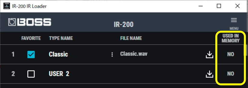 IR-200: “USED IN MEMORY” shows “NO” after loading a custom IR in the IR ...